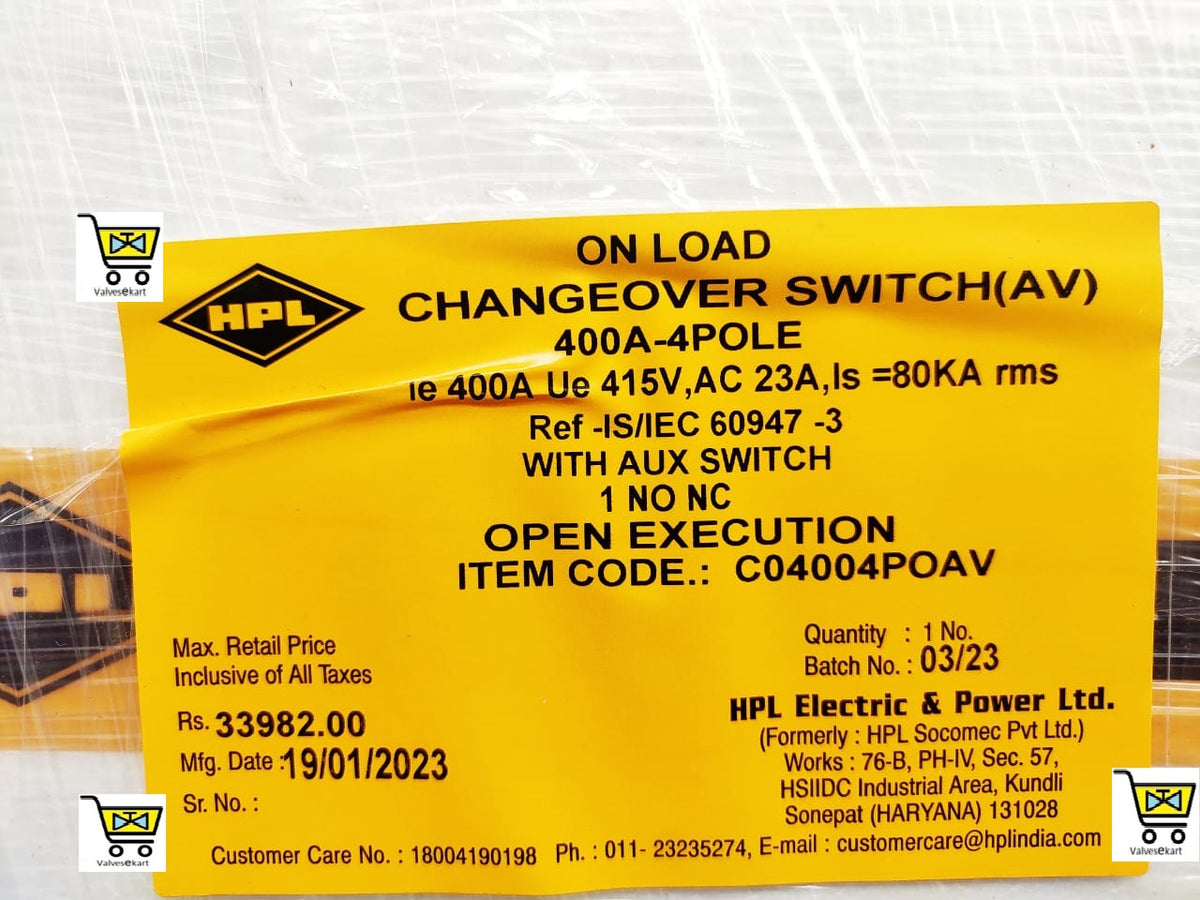 HPL Front Operated 320 AMP 4P Electric On Load Changeover Switch Manual 320 amp Model C03204P0AV ...