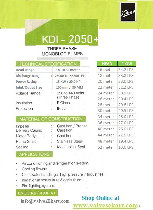 Kirloskar Mono Block Centrifugal Pump 20 HP KDI -2050+ – Valvesekart