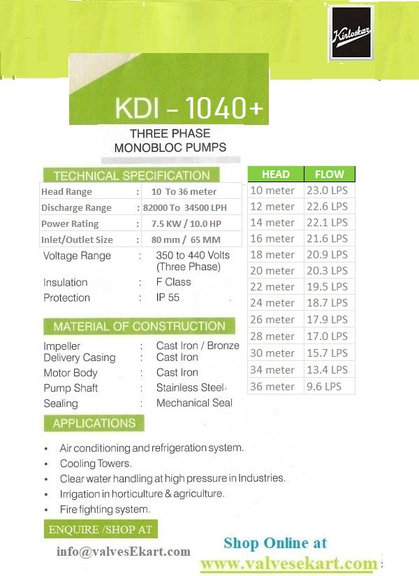 Kirloskar 10 hp 3 phase Mono Block Pump 10hp KDI-1040 – Valvesekart
